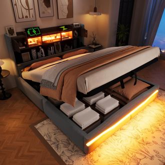 Generic Polsterbett 160x200cm,mit USB-C Steckdose Ladefunktion, ferngesteuerte Ambiente-Lichtleiste unter dem Bett, Kopfteil mit Staufach, hydraulisch Staurau