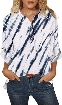 Generic Robes boh&egrave;mes pour femmes, t-shirts &agrave; motif floral, hauts d&eacute;contract&eacute;s, col boutonn&eacute;, chemisiers, t-shirt d&eacute;t&eacute; &agrave; manches longues, bleu marine, XXL