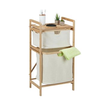 Relaxdays Panier &agrave; linge, structure bambou, trieur 2 pani&egrave;res, hlp : 85x44x33 cm, &eacute;tag&egrave;re salle de bain, nature-beige - Relaxdays