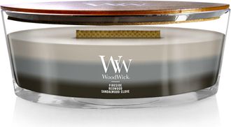 Woodwick Woodwick Das heiße Warmes Holz Trilogy Kamin, Mammutbaum, Sandelholz Nelke Dekorative Duftkerze im ovalformigem Glasgefäß, 453.6 g, Glas, Weiß-grau-du