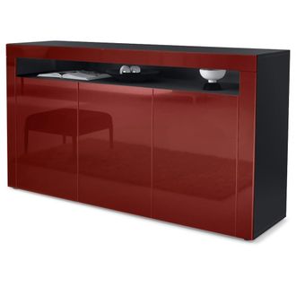 Vladon Sideboard Valencia, Made in Germany, Kommode mit 3 T&uuml;ren und 1 offenem Fach, Schwarz matt/Bordeaux Hochglanz (155 x 92 x 40 cm)