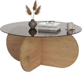 Dmora Couchtisch Cugnoli, Runde Form, Klarglasplatte, Gestell-Farbton Eiche, 75x75x35h cm Eiche Braun