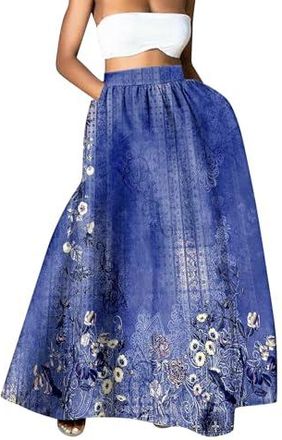 Generic Jupes pour femmes, jupe &agrave; imprim&eacute; floral, taille haute, poche de plage, jupe longue 2026, jupe trap&egrave;ze pour femme, grande taille, jupe trap&egrave;ze, bleu, 