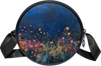 Generic Sac &agrave; bandouli&egrave;re rond pour femme, motif floral nocturne, petit sac &agrave; bandouli&egrave;re avec fermeture &eacute;clair, bretelles r&eacute;glables, sac &agrave; main rond d&eacute;contra