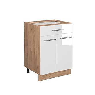 Vicco Meuble Cuisine Fame-Line, Blanc Haute Brillance/Ch&ecirc;ne de Force dor&eacute;, 60 cm avec tiroir, sans Plan de Travail