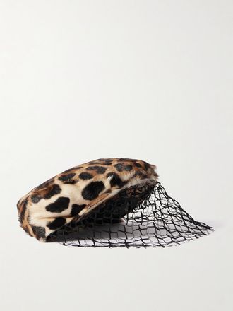 Dolce & Gabbana Kappe Aus Ziegenhaar Mit Leopardenprint Und Mesh Mit Schleier - Animal-Print