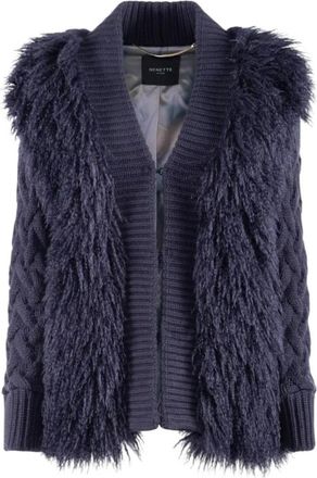 Nenette Long Manteau en Fausse Fourrure avec Manches Tricot&eacute;es - Femme - Vestes - Bleu - Taille: 40 FR