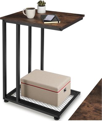 TecTake Beistelltisch Holz Metall, Wohnzimmertisch, Couchtisch C-Form mit Gitterablage, 48 x 35 x 66 cm, Laptoptisch für Couch, Betttisch, Sofatablett, Bettta