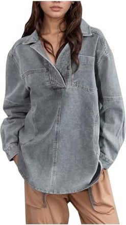 Generic 2026 Vestes en jean pour femmes, pull d&eacute;contract&eacute; &agrave; boutons et col en V, coupe ample, veste en jean &agrave; manches longues avec poche, Bu2., M