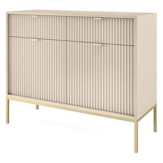 Selsey Vellore Sideboard Kommode 2-t&uuml;rig mit 2 Schubladen, Beige mit geriffelten Fronten und goldenen Metallbeinen, 104 cm