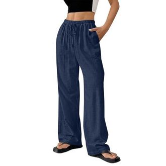 Generic Pantalon en coton et lin pour femme, pantalon d&eacute;contract&eacute; de couleur unie, taille &eacute;lastique avec poches, cordon de serrage, jambe large, confortable, 