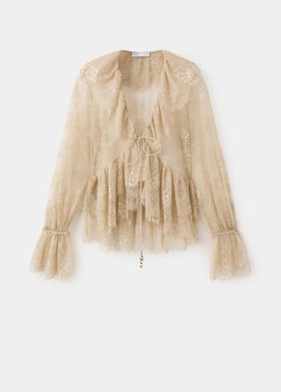Mango Blouse dentelle &agrave; volants sable - Femme - S - MANGO