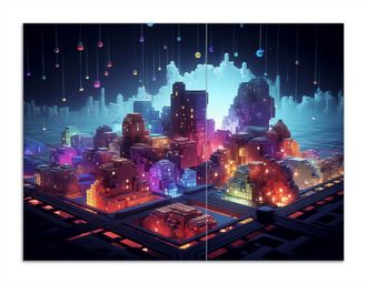 Wallario Herdabdeckplatte/Spritzschutz aus Glas, 2-teilig, 70x52cm mit 13 mm hohen Füßen, für Ceran- und Induktionsherde, Leuchtende Pixelstadt