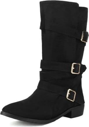 Generic Bottes de cowgirl occidentales &agrave; bout pointu &agrave; talons bas pour femme - &Agrave; enfiler - Avec sangles &agrave; boucle - Chaussures habill&eacute;es dhiver d&eacute;contract&eacute;es, 