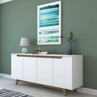 Dmora Kommode Nusakan, Wohnzimmerbuffet, Wohnzimmer-Sideboard, Moderne K&uuml;chen-Speisekammer, 180x45h79 cm, Wei&szlig; und Walnuss, mit verst&auml;rkter Verpackung