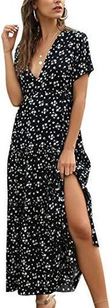 Minetom Robe Col V Fleur Manches Courtes Imprimé Floral Longue Décontracté Manche Courte Robes Ete Plage Maxi Robe D Noir XL