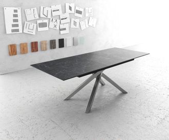 DELIFE Esstisch Edge 180-220x100cm Keramik LaminamNero Greco Anthrazit Kreuzgestell Rechteck Edelstahl ausziehbar, Esstische