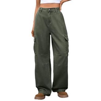 Generic Jean pour femme - Coupe ample et confortable - Taille haute - Coupe ample - Coupe évasée - Avec poches - Jean boyfriend, vert militaire, XXL