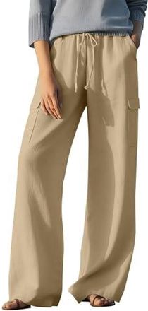 Generic Pantalon cargo en coton et lin pour femme - Pantalon d&eacute;contract&eacute; taille haute avec cordon de serrage et poches lat&eacute;rales, respirant, l&eacute;ger, coupe ampl