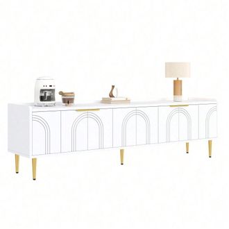 Generic Eleganter TV-Schrank mit Gold-Akzenten - Strukturierte Front, goldene Griffe & F&uuml;&szlig;e (170x35x47.5 cm) - Verleiht Ihrem Wohnzimmer modernen Glanz (White