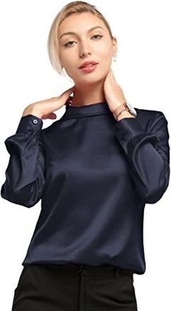 LilySilk Chemisier en soie pour femme &agrave; manches longues et col montant, bleu marine, M