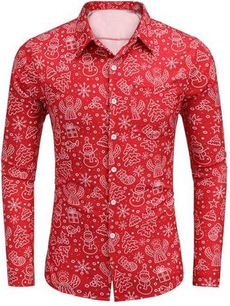 Coofandy Chemise de No&euml;l Homme Manches Longues Christmas Shirt Boutonn&eacute;e Motif Festif Holiday Shirt Cadeau Rouge Fonc&eacute; 3XL