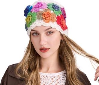 ZLYC Bonnet dhiver Vintage en Laine tricotée pour Femme, Fleurs Blanches colorées, Taille Unique