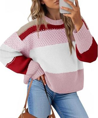 Generic Pull en tricot &agrave; col rond pour femmes, tendance, avec blocs de couleur, tricot&eacute;s, pulls dautomne et dhiver, pullovers courts, robes d&eacute;contract&eacute;es en c