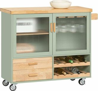 SoBuy FKW114-GR Design Küchenwagen mit Arbeitsplatte Kücheninsel mit Gewürzregal Küchenschrank Rollwagen Sideboard auf Rollen Küchentrolley Grün bht ca