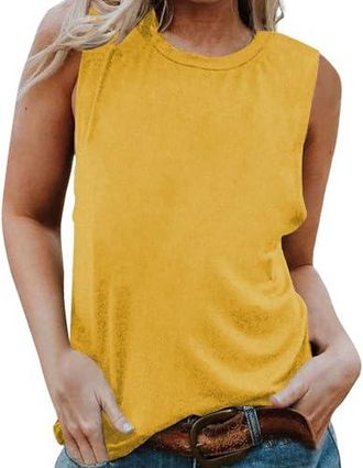 Generic Débardeur dété sans manches pour femme - Coupe ample - Col rond - T-shirt basique pour fête, yoga, gym, sport 2025, jaune, XXL