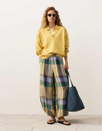Oysho Oysho - Pantalon bloomer en pur lin - Jaune et vert