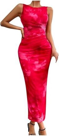 Generic Robes amincissantes 2026 pour dames, tendance, d&eacute;contract&eacute;e, coupe ajust&eacute;e, sans manches, fente et col haut, Rouge, XL