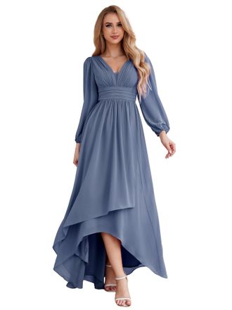 Ever-pretty Damen Elegante Abendkleider Partykleider Lange Ärmel Chiffon Tief V Ausschnitt Lange Brautjungfernkleider Staubige Marine 46