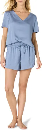 Amazon Essentials Damen Satin Kurzarm V-Ausschnitt T-Shirt und Kurze Nachtwäsche Set, Dusty Blue, X-Large