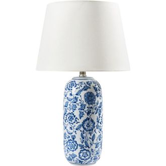 Beliani Lampe &agrave; Poser en Porcelaine Base Motif Floral Abat-Jour en Lin Clair Luminaire de Chambre Bleu et Blanc Aibonito