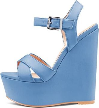 Castamere Femmes Haut High Compensé Plate-forme Talon Heel 15 CM Heels Ouvert Bout Sandales Lanières Cheville Boucle Sexy Dress Mariage Bleu Clair 41 EU