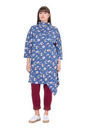 Ulla Popken Damen gro&szlig;e Gr&ouml;&szlig;en &Uuml;bergr&ouml;&szlig;en Plus Size Jerseykleid, Bl&uuml;ten, Wickeloptik, 3/4-Arm, Biobaumwolle helles segelblau 58+ 843210725-58+