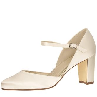 Rainbow Club Brautschuhe Yasmin - Pumps Ivory Satin - Riemchen Blockabsatz - Gr 39.5 EU 6.5 UK
