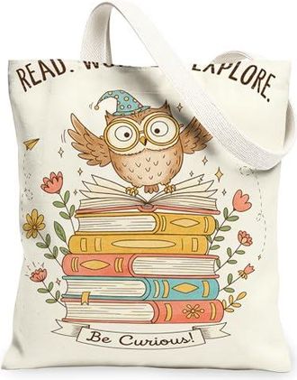 Generic Sac fourre-tout en toile motif hibou, motif animal mignon, sacs d&eacute;picerie r&eacute;utilisables, sacs d&eacute;picerie lavables vintage printaniers, sacs en toile Fo