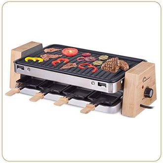 Little Balance 8388 Wood 8, Raclette/Grill 8 personnes, 2 fonctions en 1 seul appareil, Revêtement anti-adhésif, Accessoires fournis,1500 W, Bambou véritable/Inox