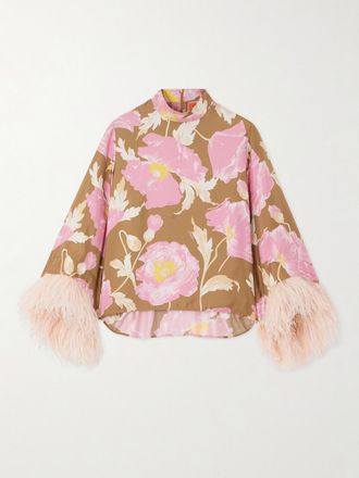 La DoubleJ Make An Exit Oberteil Aus Seiden-twill Mit Blumenprint Und Federn - Pink