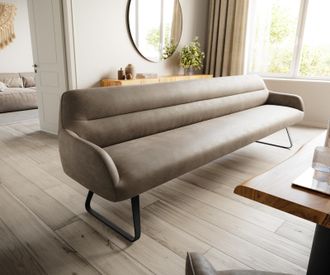 DELIFE Esszimmerbank Taya-Flex 300 cm Mikrofaser Taupe Vintage Kufengestell flach Schwarz Taschenfederkern, B&auml;nke