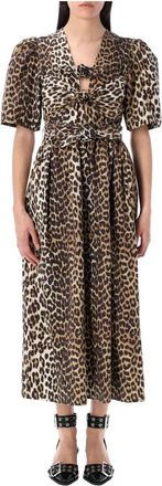 Ganni Femme, Robes, Brun, Taille: 36 FR Robe Midi Imprim&eacute;e en Coton &agrave; Bretelles &agrave; Nouer