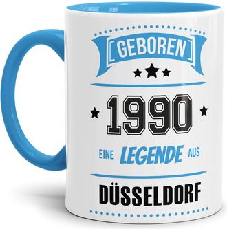Tassendruck Geburtstags-Tasse Geboren 1990 Eine Legende aus Düsseldorf Innen & Henkel Hellblau/Geschenk/mit Spruch/Mug/Cup/Becher/Qualität Made in Germany