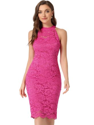 Allegra K Damen Spitzenkleid &Auml;rmellos Figurbetontes Elegantes Etuikleid Neckholder Kleid Rosa Rot XS