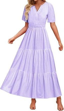 Generico Robe d&eacute;t&eacute; d&eacute;contract&eacute;e en coton pour femme avec manches bouffantes, col en V Robe de loisirs d&eacute;t&eacute; en ligne A avec volants et poches manches courtes et