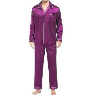 Generic Ensemble de pyjama en satin pour homme, ensemble de pyjama &agrave; boutons, col en V, v&ecirc;tements de nuit classiques, d&eacute;contract&eacute;s, l&eacute;gers et respirants, v&ecirc;te