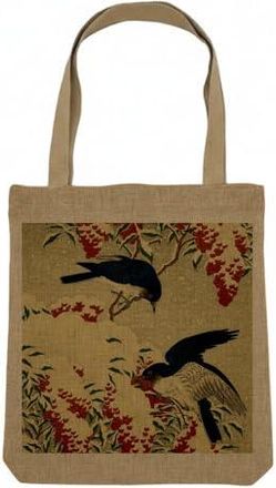 Fabulous Sac Shopping Tote Bag Aspect Lin - Oiseaux dans la Neige Illustration Japonais Traditionel Peinture Design Estampe - Sac de Courses Toile Epaisse 360g