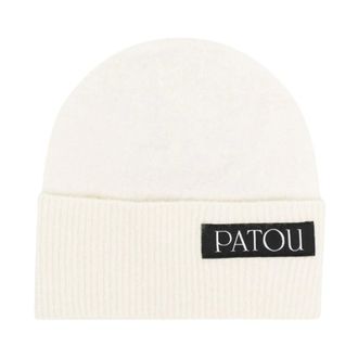 Patou Femme, Accessoires, Blanc, Taille: ONE Size Bonnet Tricoté Blanc avec Logo-Patch