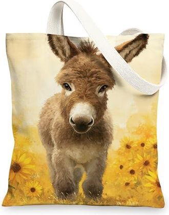 Generic Sacs fourre-tout en toile motif âne, sacs à provisions réutilisables, style rustique léger et lavable, jaune, 13x15 Inch